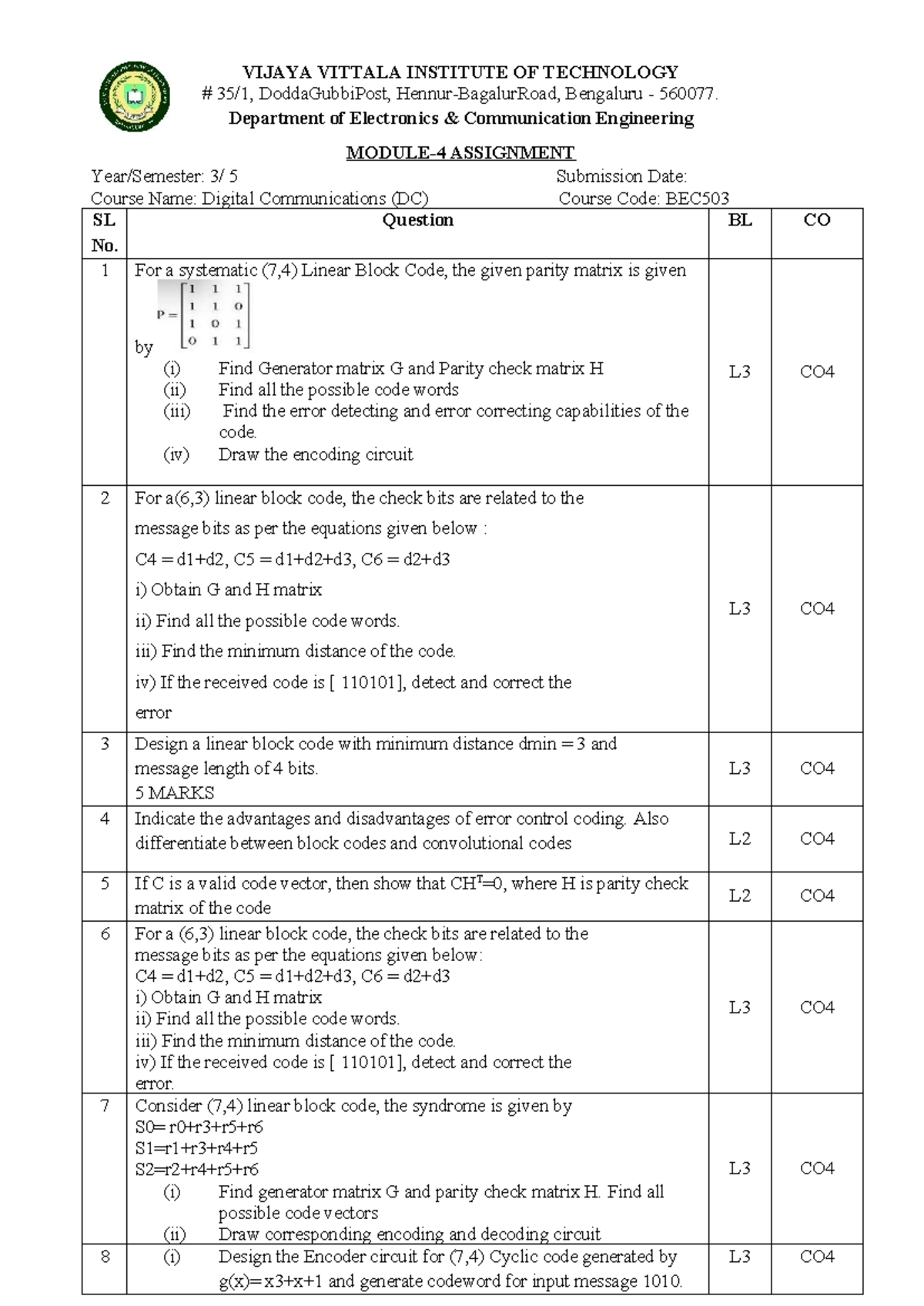 DC BEC503 Assignment 5: Linear Block Codes & Error Control Techniques ...