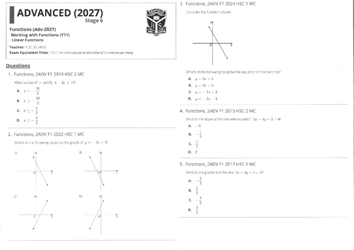 Functions, 2ADV F1 2024 HSC Exam Review and Practice Questions - Studocu
