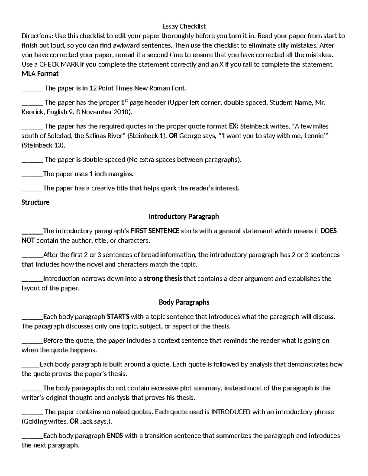 Essay Checklist - practice test - Essay Checklist Directions: Use this ...
