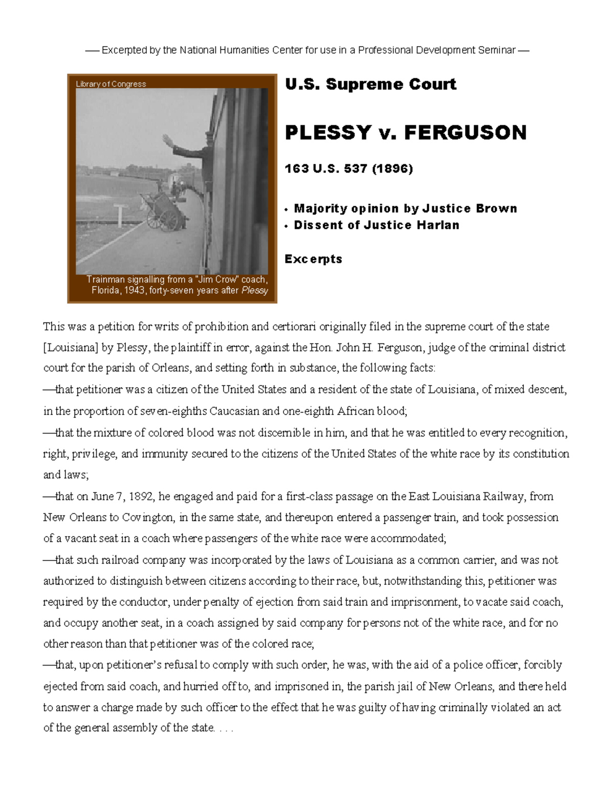 U.S. Supreme Court Case Analysis: Plessy v. Ferguson (1896) Excerpts ...