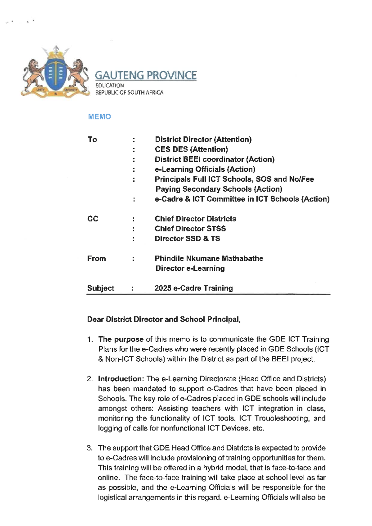 2025 e-Cadre Training Memo for GDE ICT Schools - Studocu