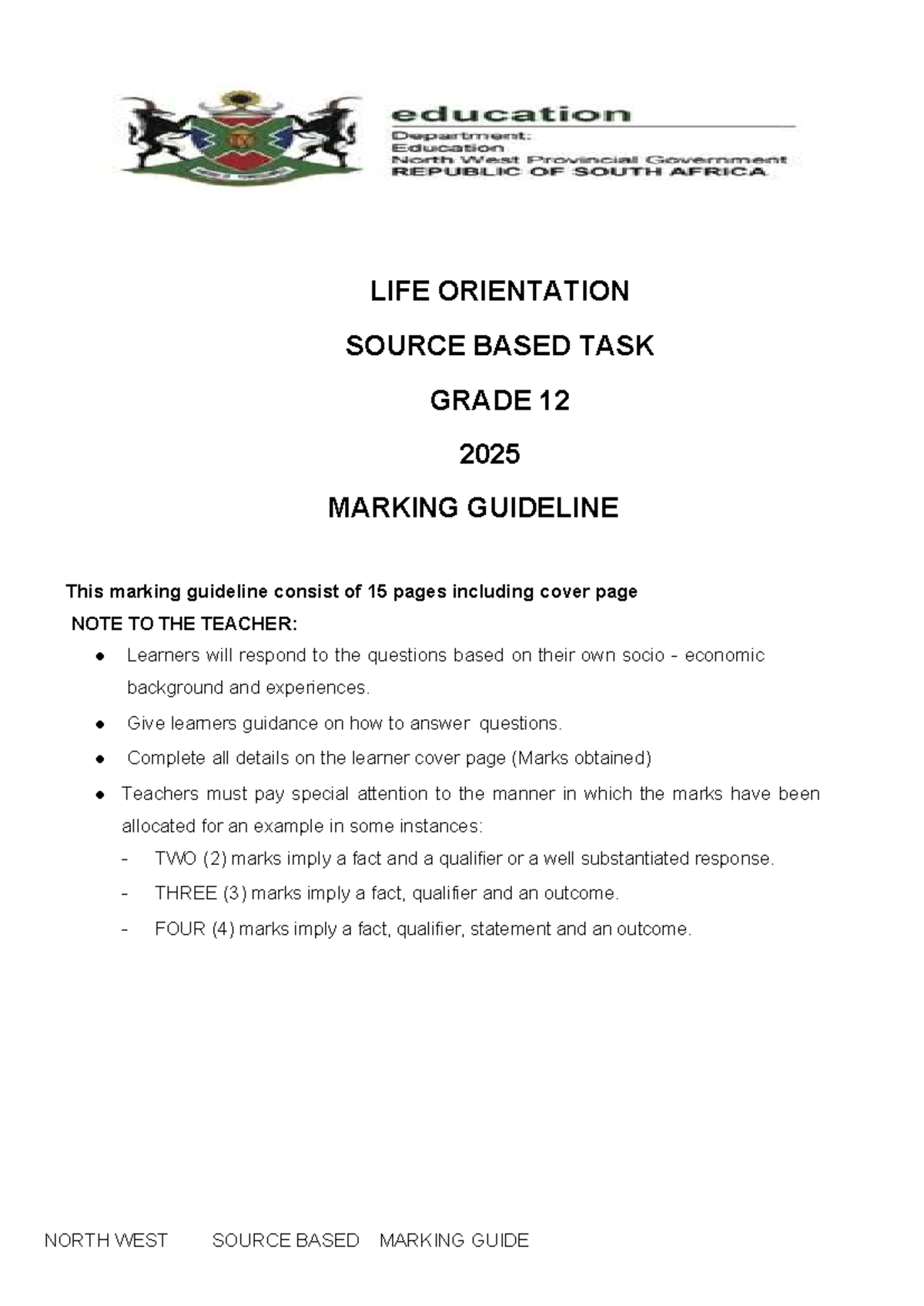 Grade 12 Source-Based Life Orientation NW 2025 Marking Guidelines - Studocu