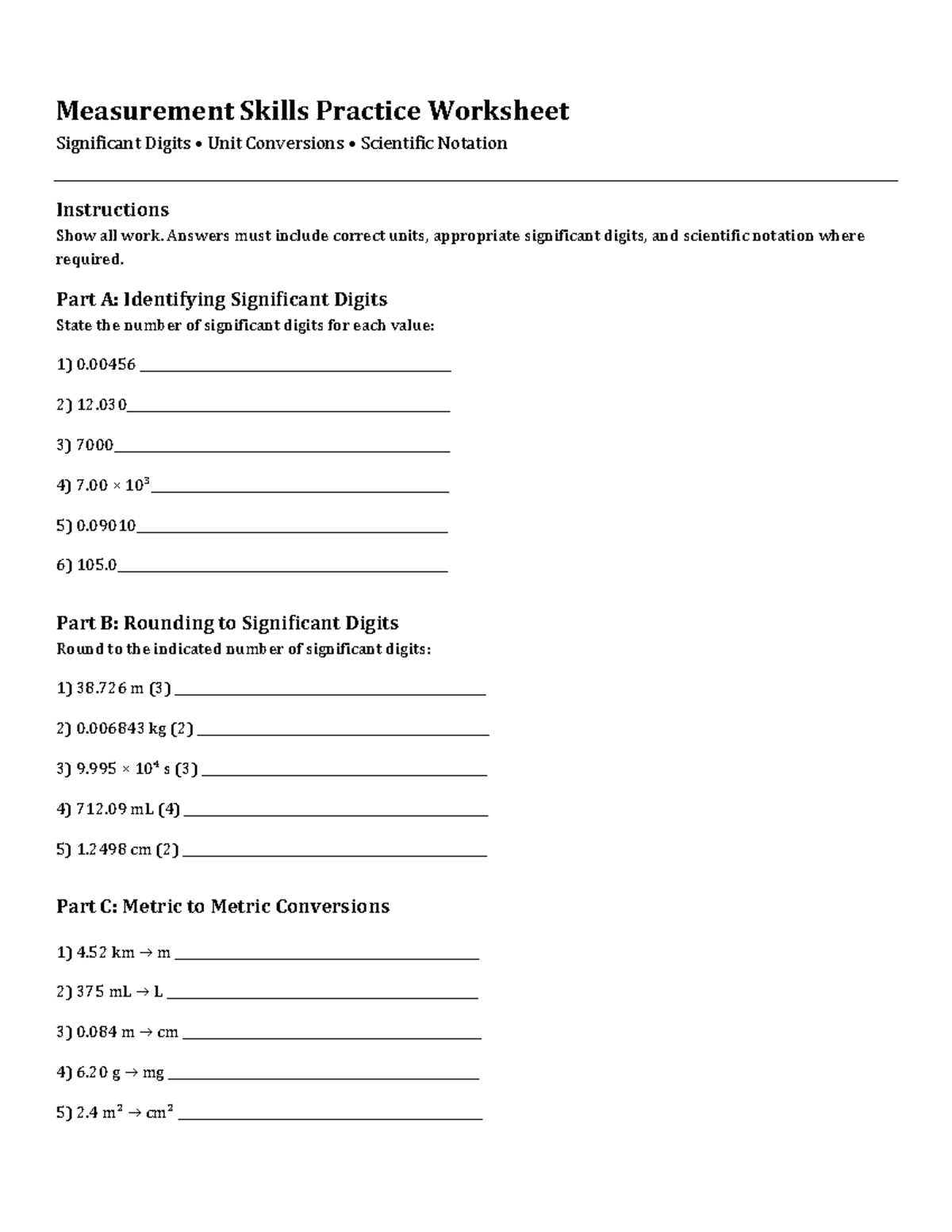 Measurement Skills Practice Worksheet: Sig Digits & Conversions - Studocu