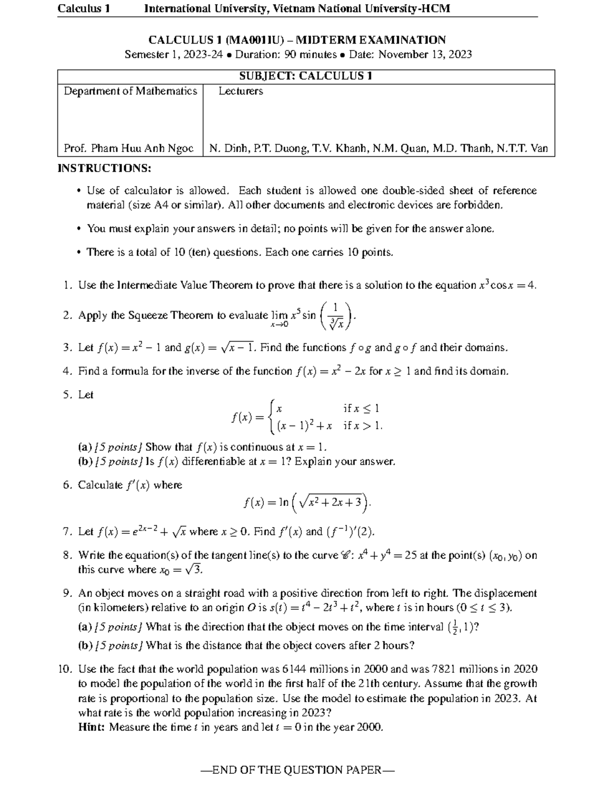 Calculus 1 (MA001IU) Midterm Exam S1 2023-24 - Exam Paper - Studocu