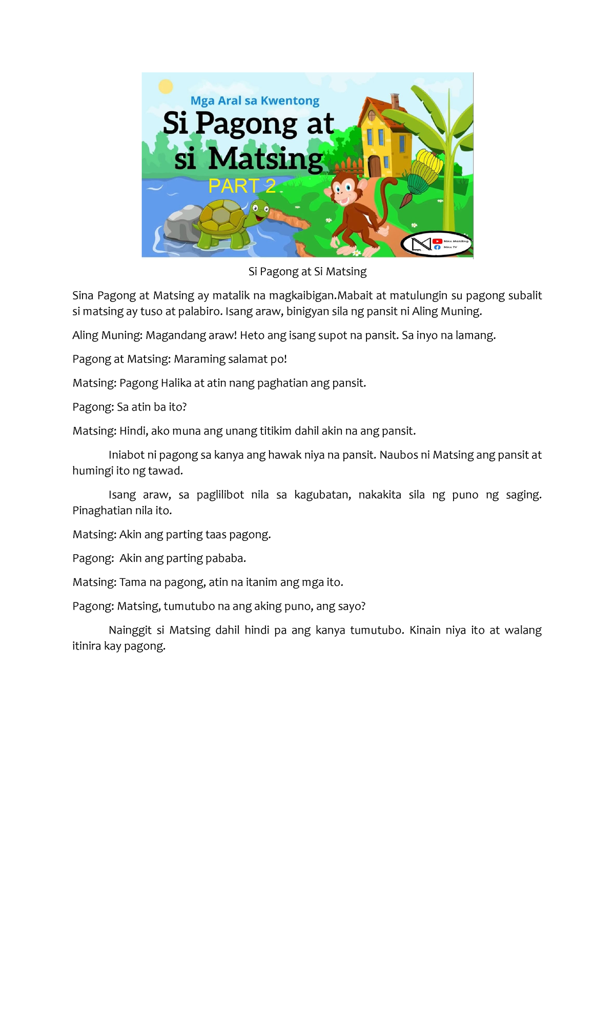 Si Pagong at Matsing: Kuwento ng Pabula at Aral ng Pagkakaibigan - Studocu