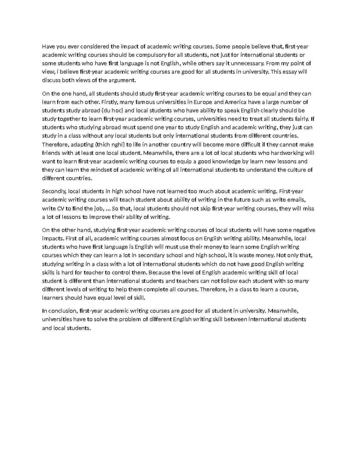 Writing - The Importance of First-Year Academic Writing Courses - Studocu