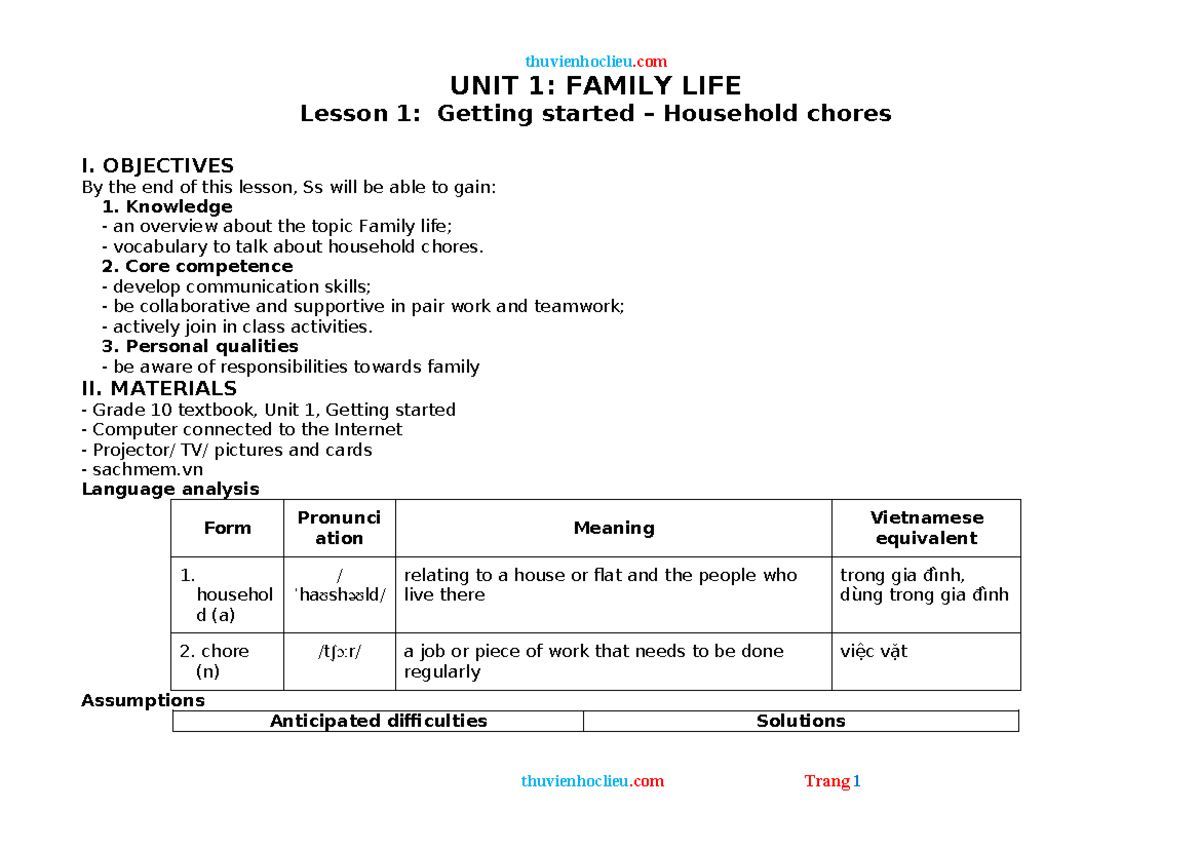 Unit 1: FAMILY LIFE - Lesson 1: Household Chores Overview and ...