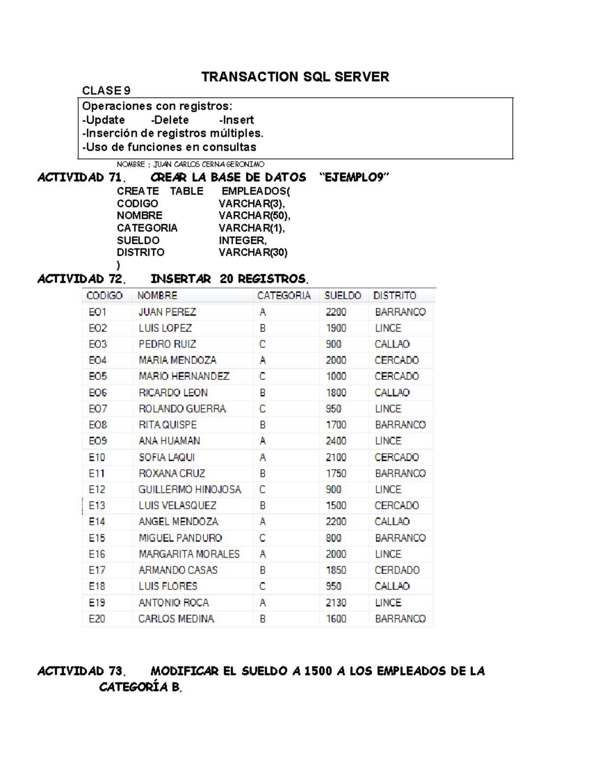 Actividad de Clase 9: Operaciones SQL en Servidor de Transacciones - Studocu