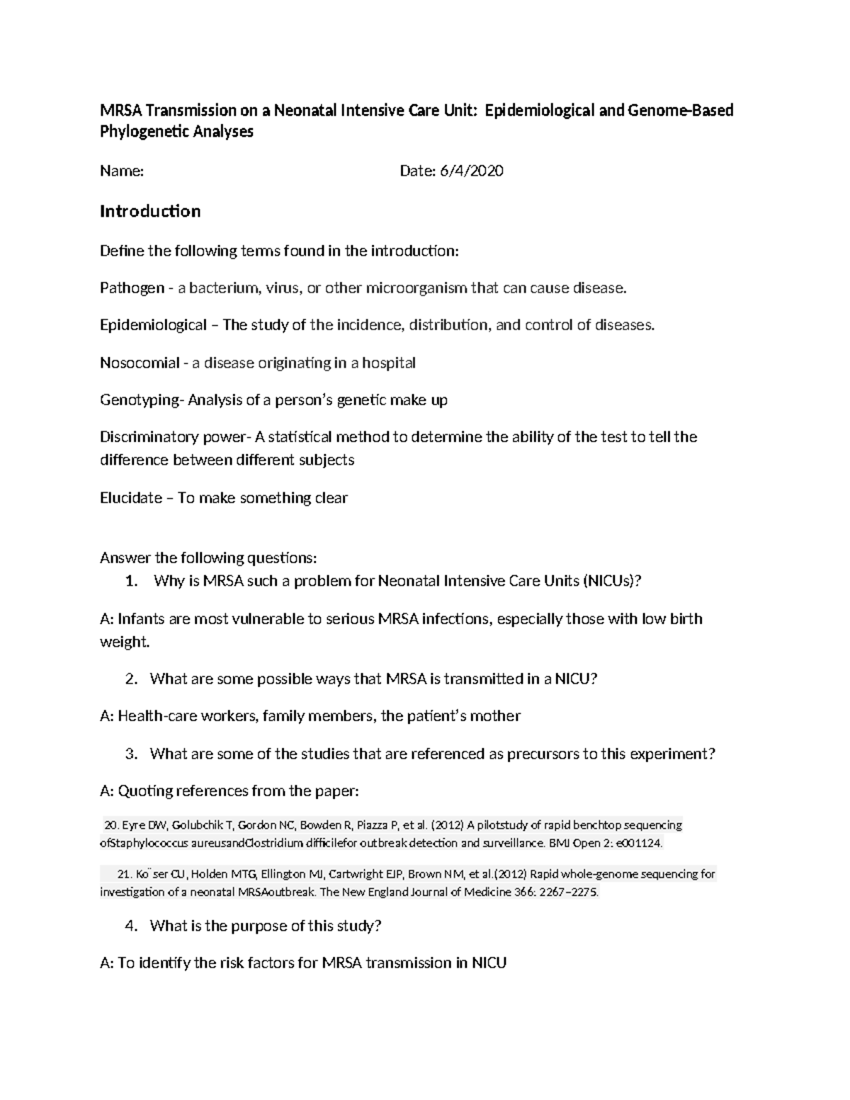 MRSA Transmission in NICUs: Epidemiological Insights (BIO 141) - Studocu
