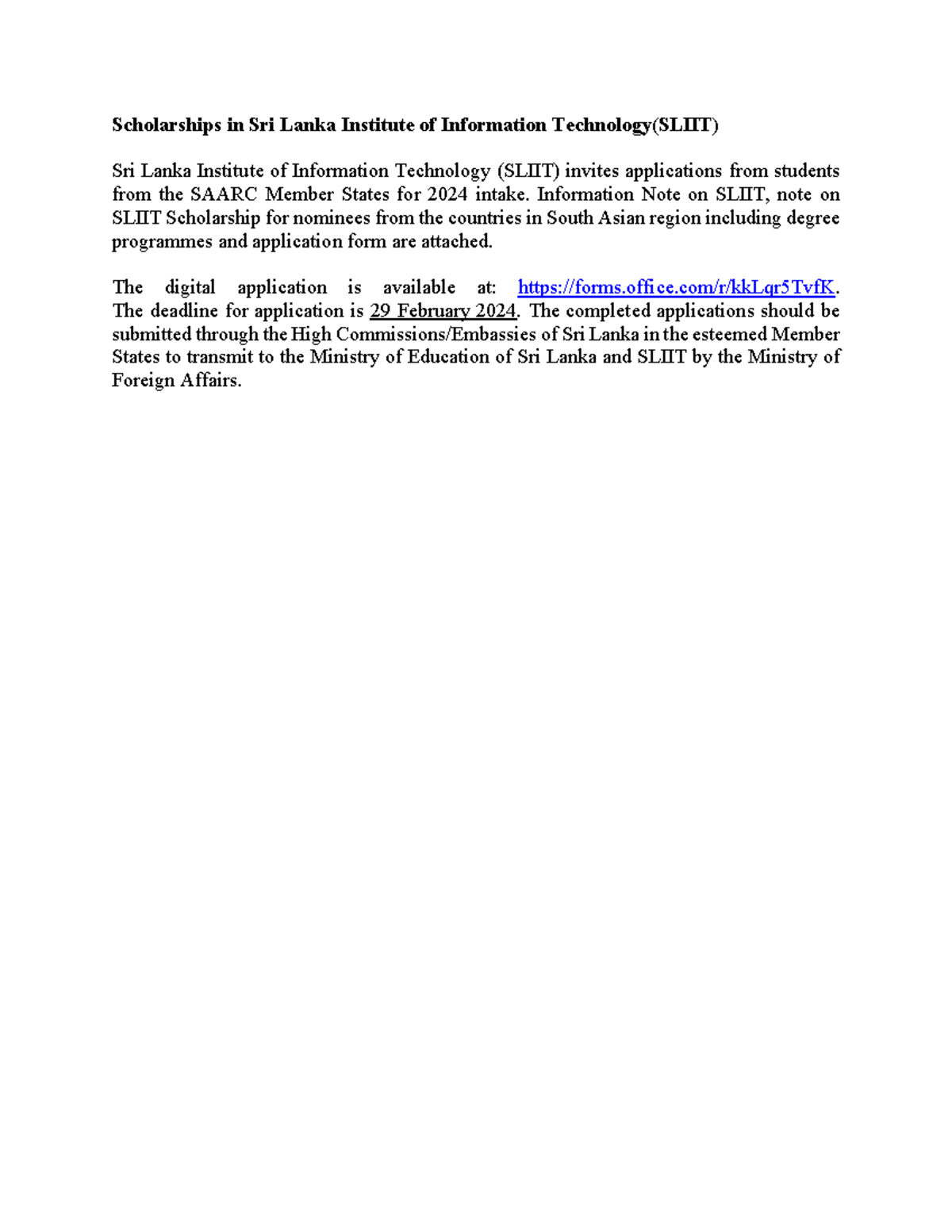 SLIIT 2024 Scholarships for South Asian Nominees: Apply Now! - Studocu