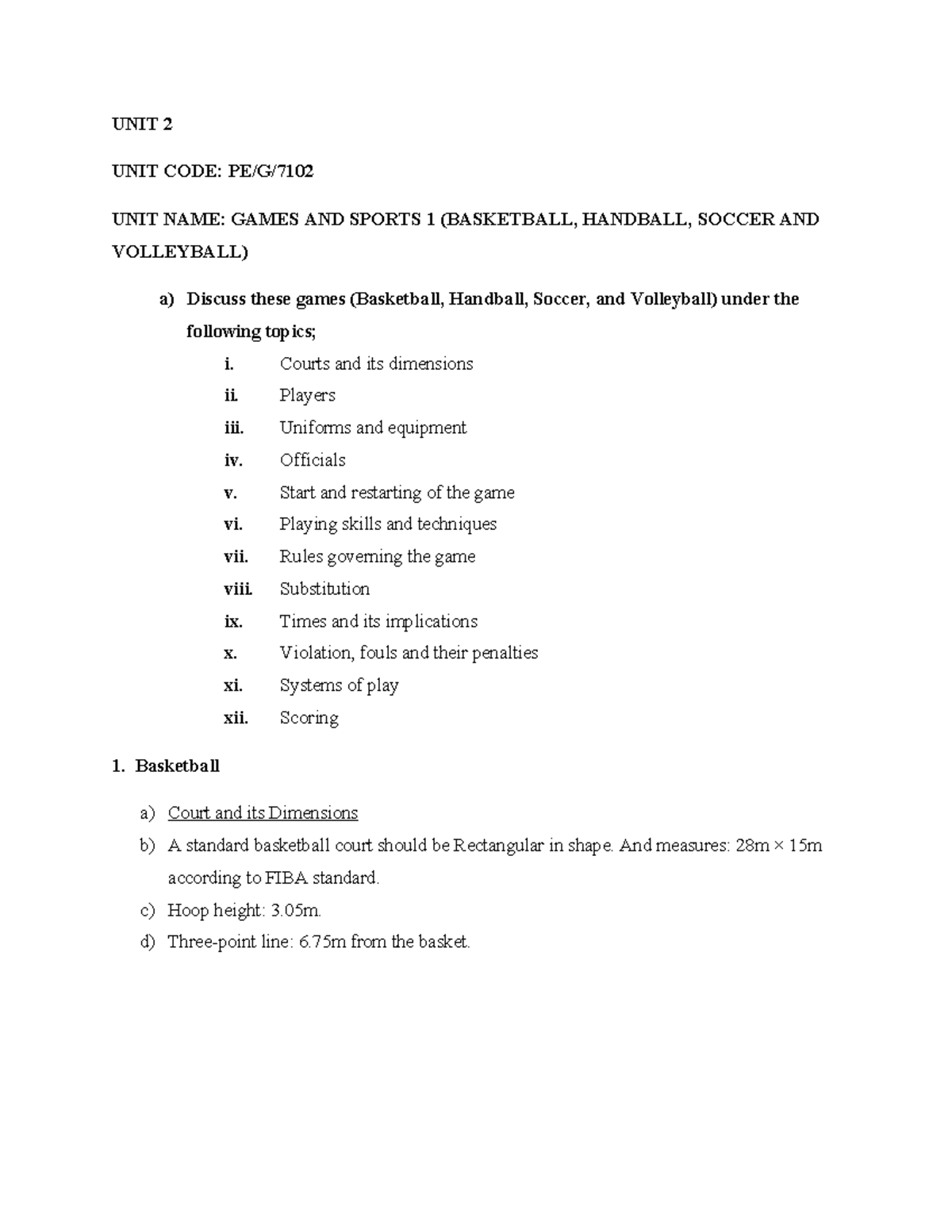 PE Assignment 2 - Revision Notes on Games & Sports (Basketball ...