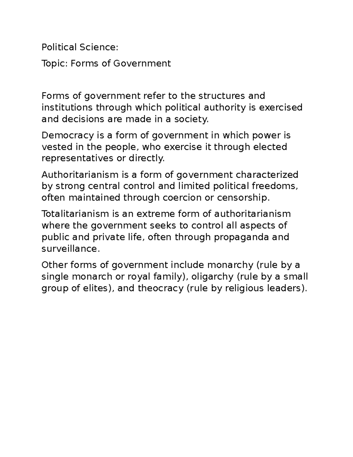 Forms of Government - Political Science: Topic: Forms of Government ...