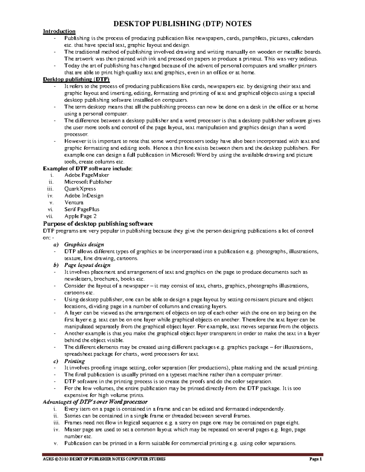 AGHS 2010 DESKTOP PUBLISHING (DTP) ESSENTIAL NOTES - Studocu