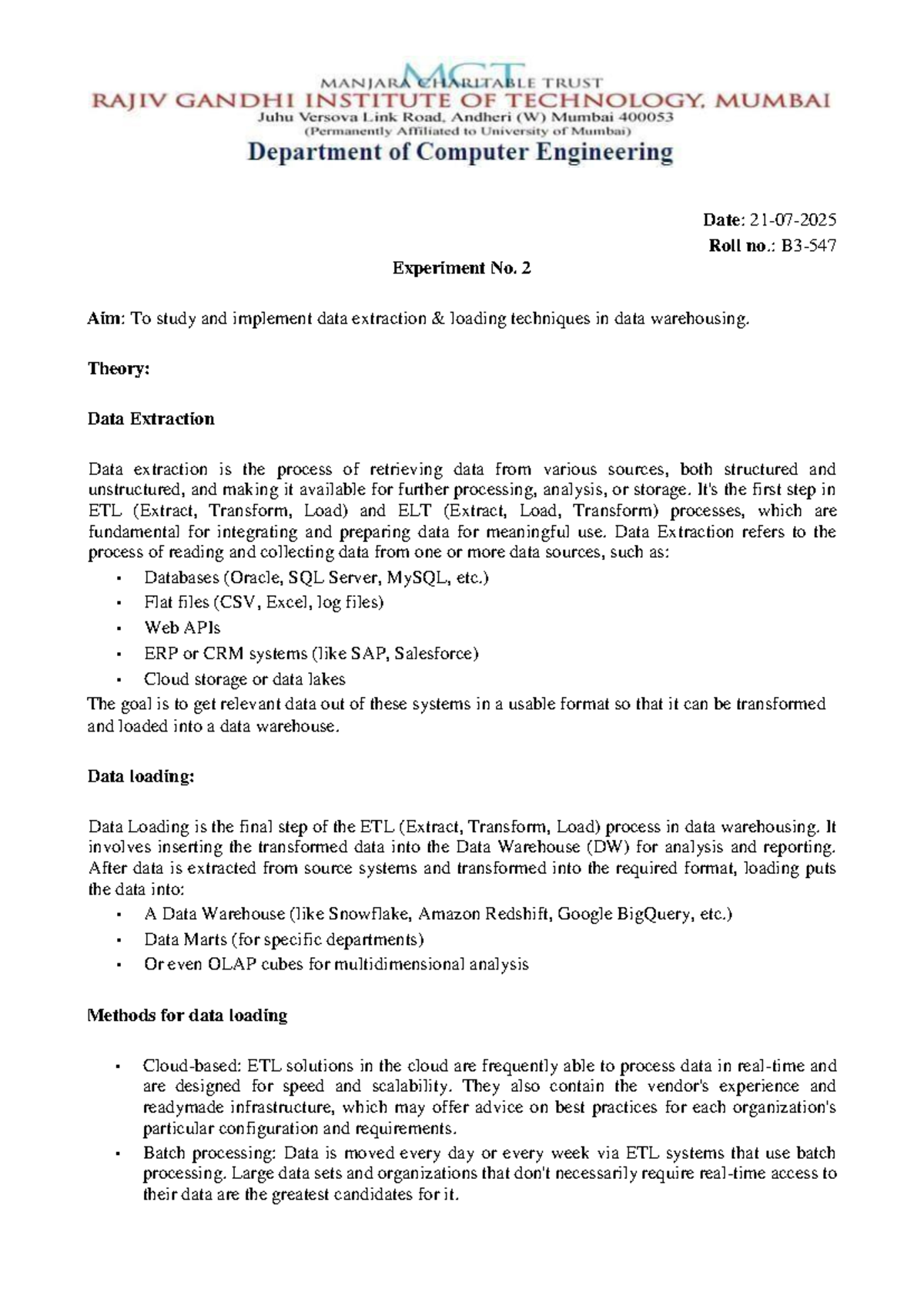 Data Warehousing Techniques: Experiment 2 - Data Extraction & Loading - Studocu