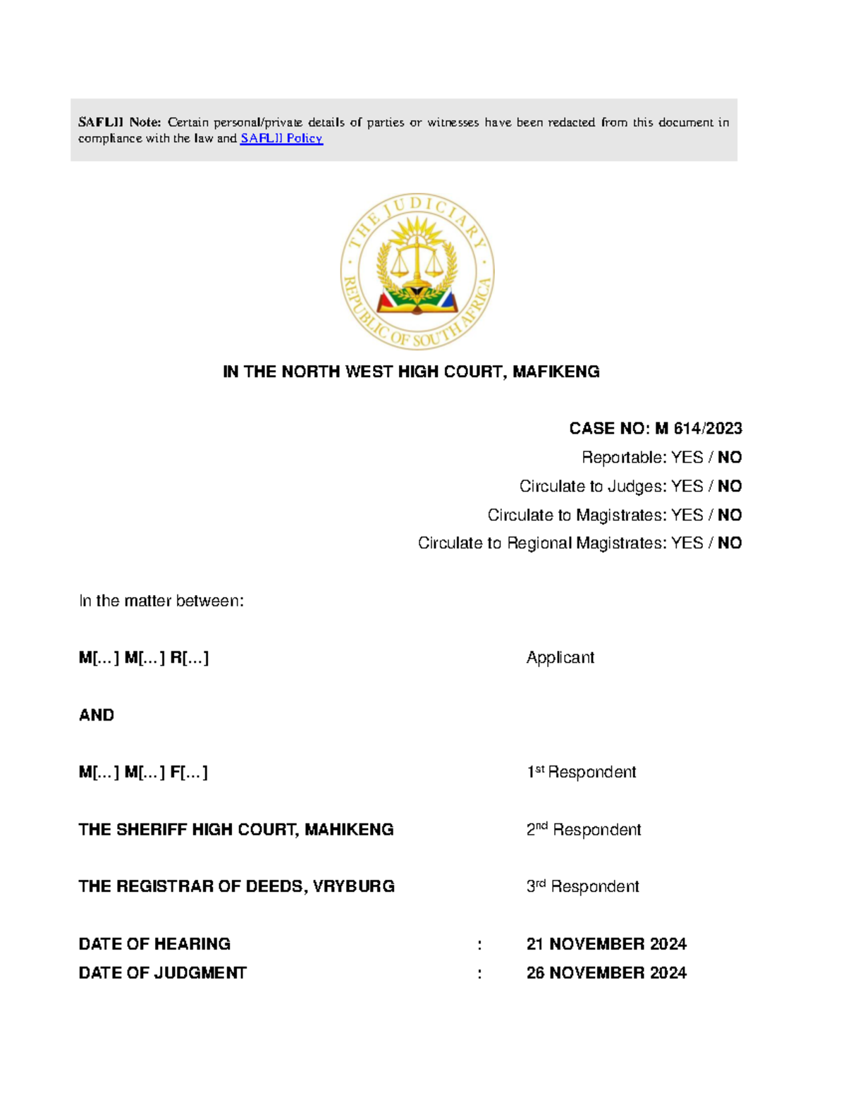 SAFLII Case Study: Judgment on Sale in Execution - High Court, Mahikeng ...