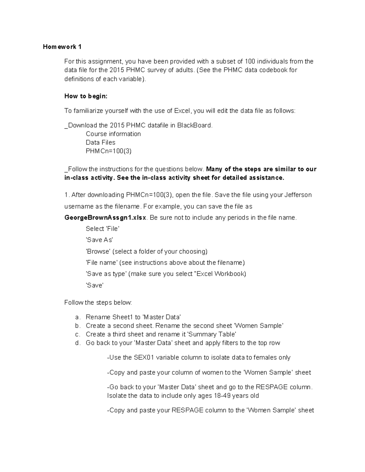 PHMC 2015 Data Analysis Homework 1: Excel Assignment - Studocu