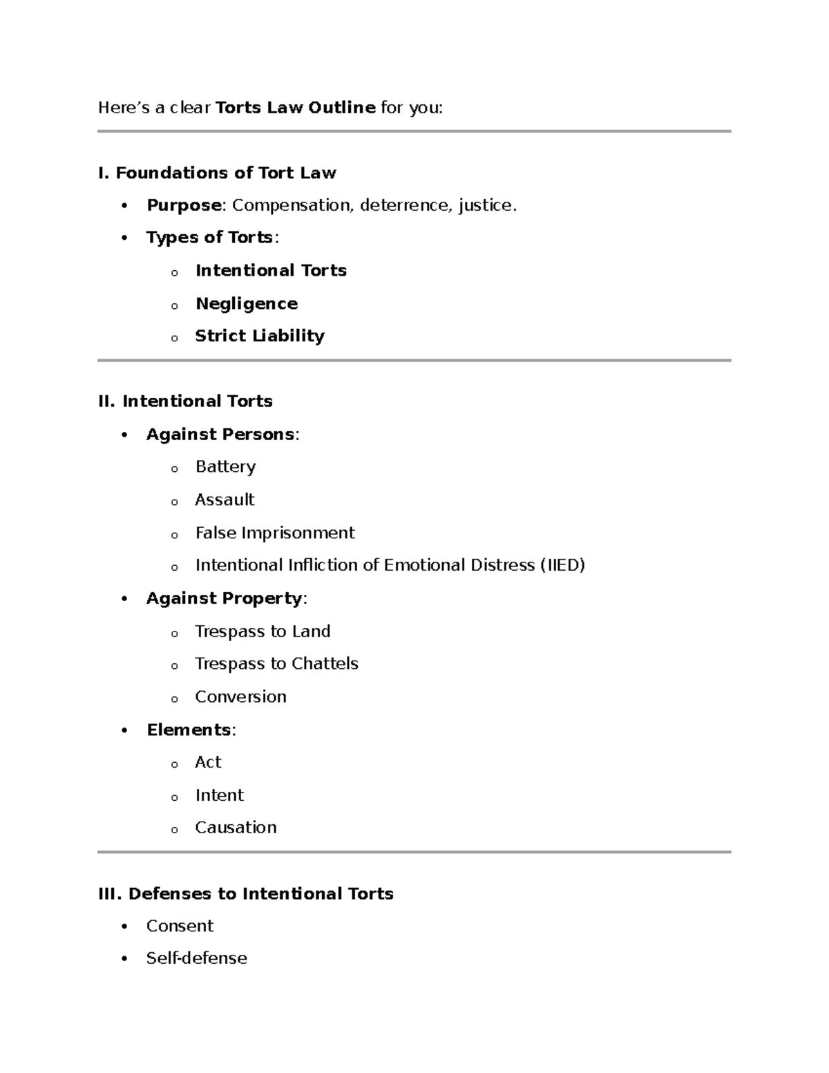Torts Law Outline: Key Concepts & Elements for Study - Studocu