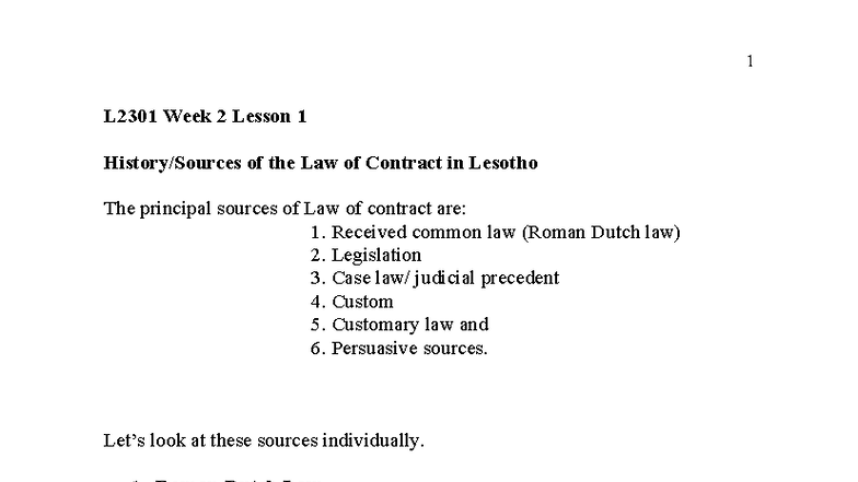 L2301 Week 2 Lesson 1: Sources of Law of Contract in Lesotho - Studocu