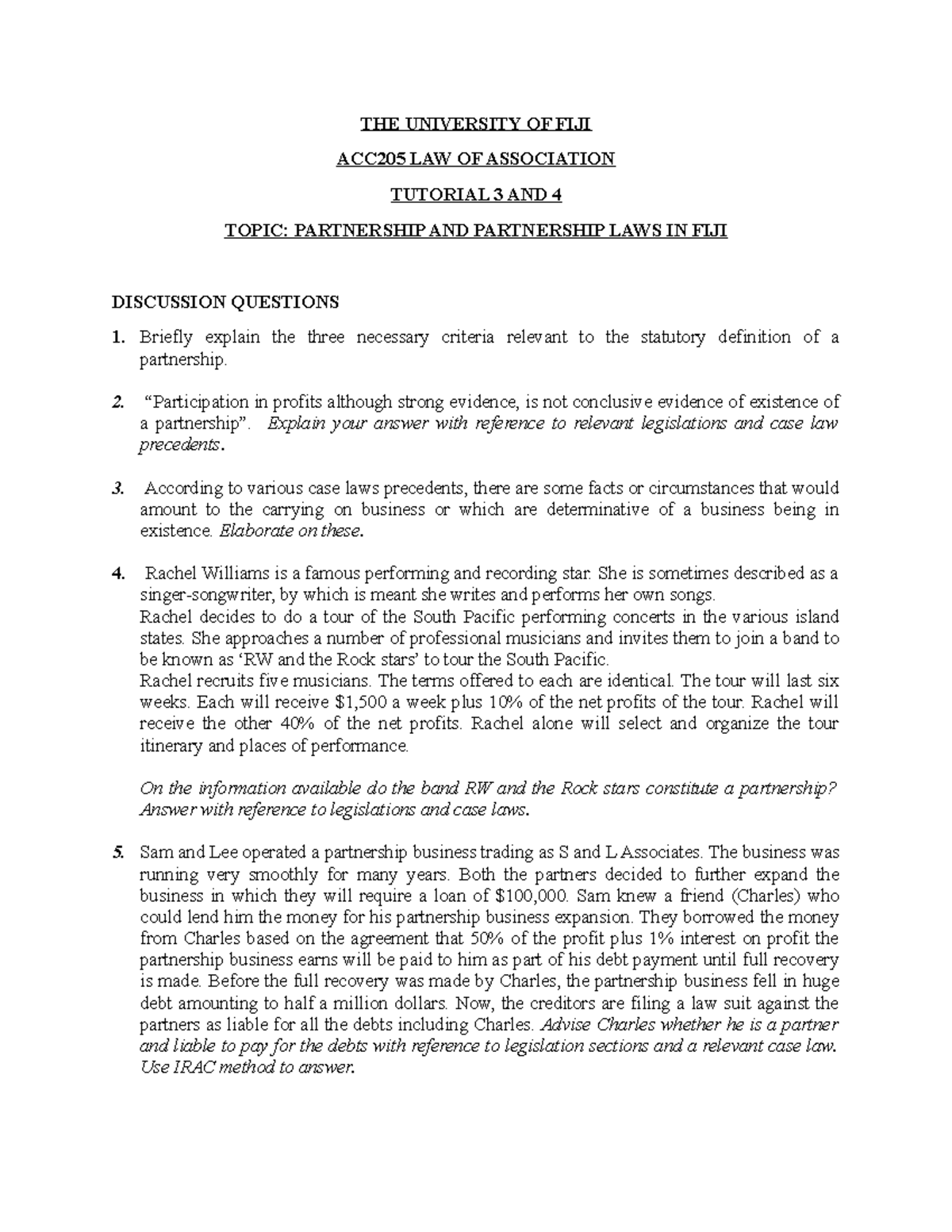 ACC205 Tutorial 3 & 4: Partnership Laws & Case Discussions - Studocu