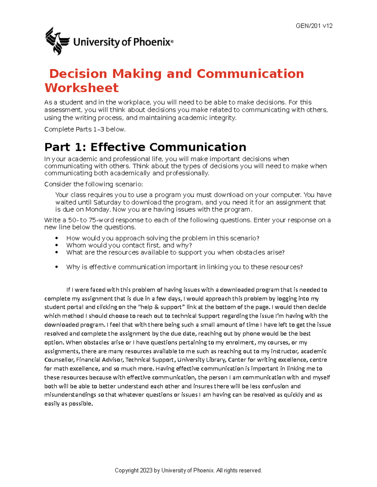 Week 3 worksheet(complete) - GEN/201 v Decision Making and ...