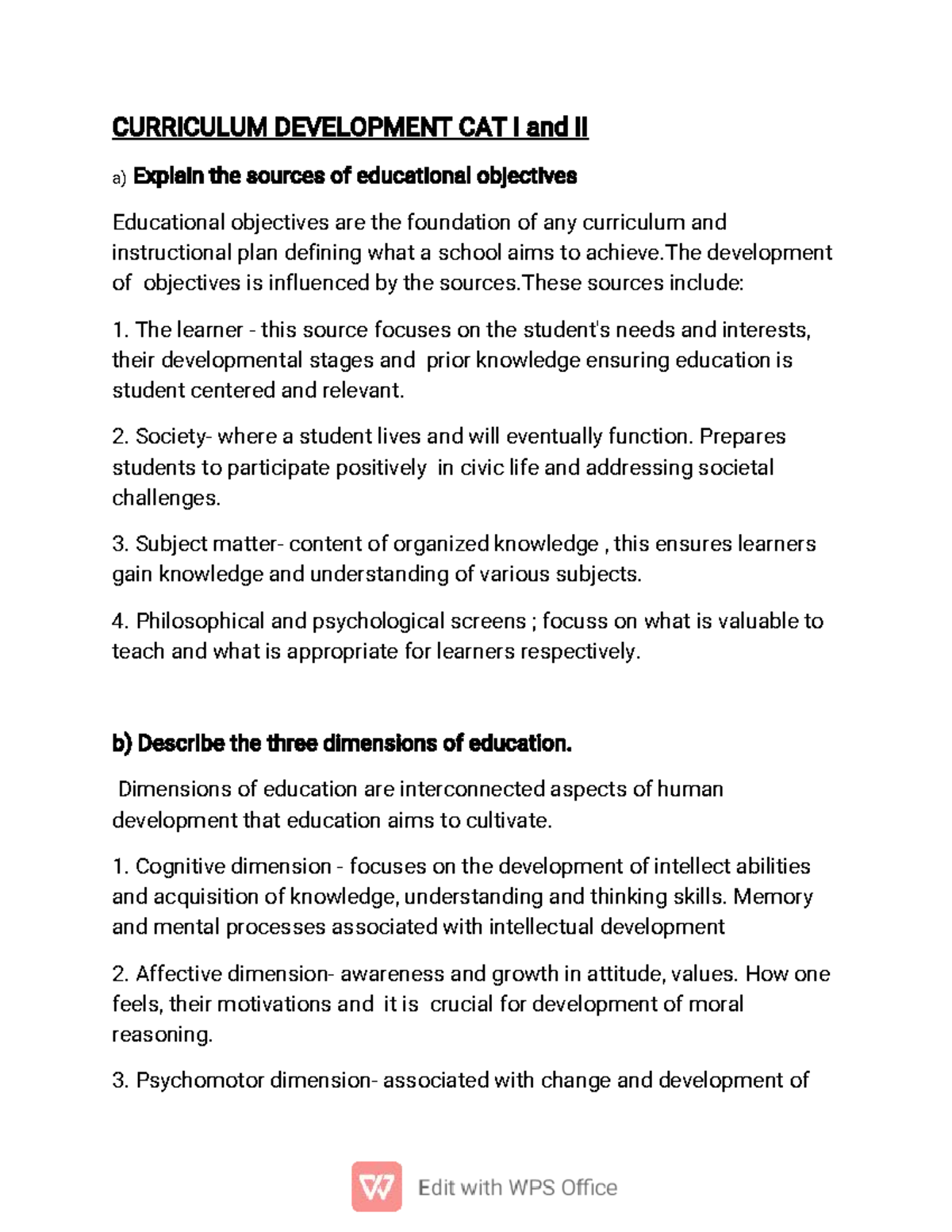 Curriculum Development CAT I & II: Objectives, Dimensions & Elements ...