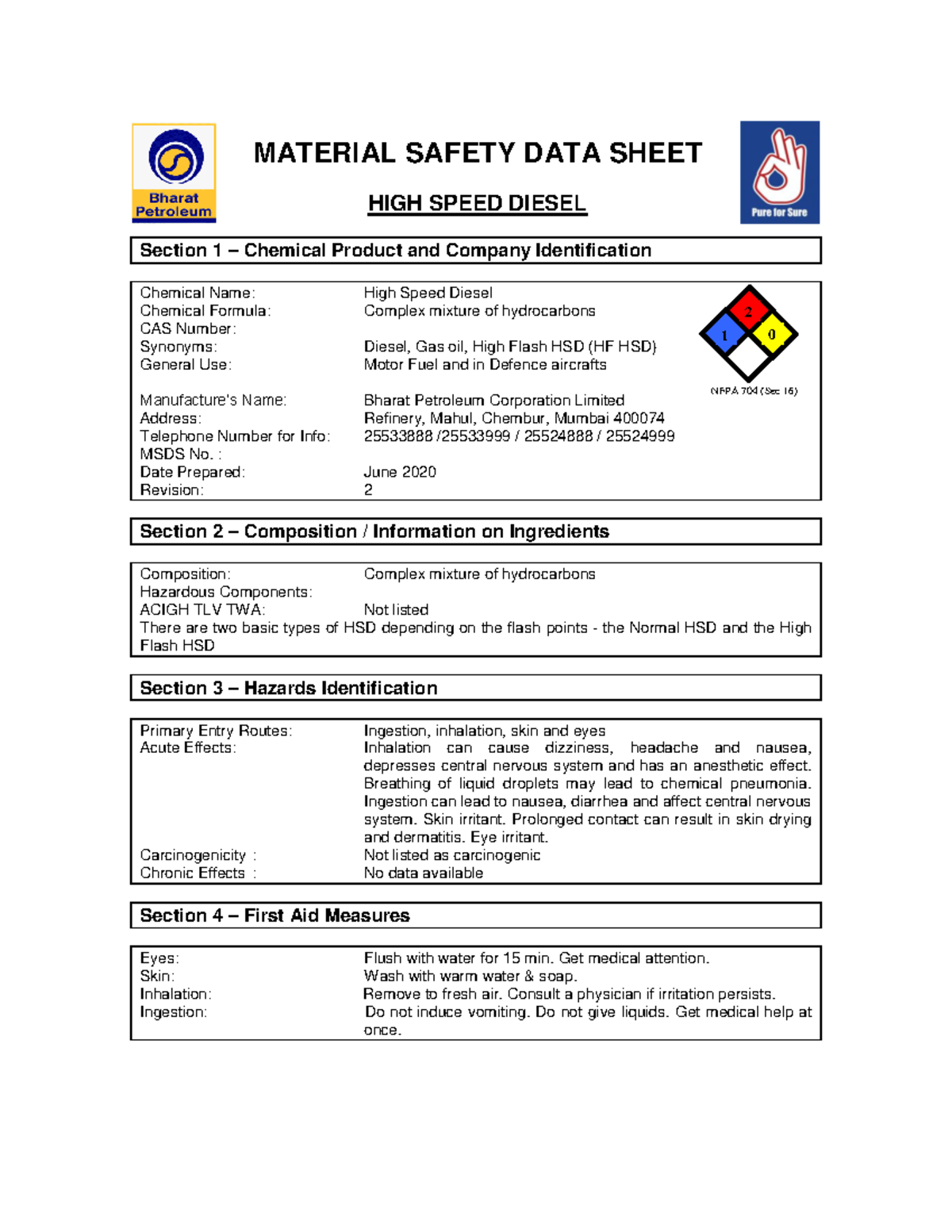 High Speed Diesel MSDS (June 2020) - Chemical Safety Information - Studocu
