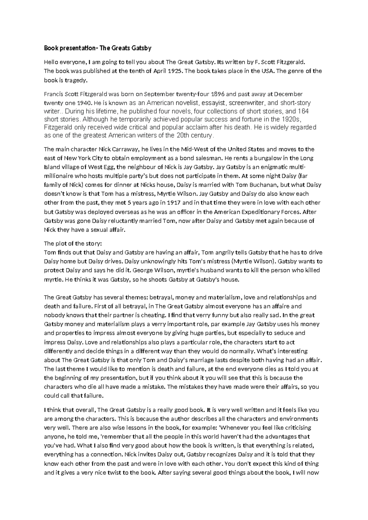 Book Presentation: The Great Gatsby Analysis and Themes - Studeersnel