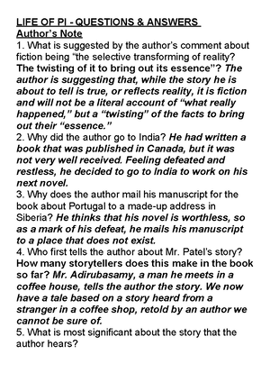 Life of Pi - Questions - Life of pi notes - Life of Pi - Questions Part ...