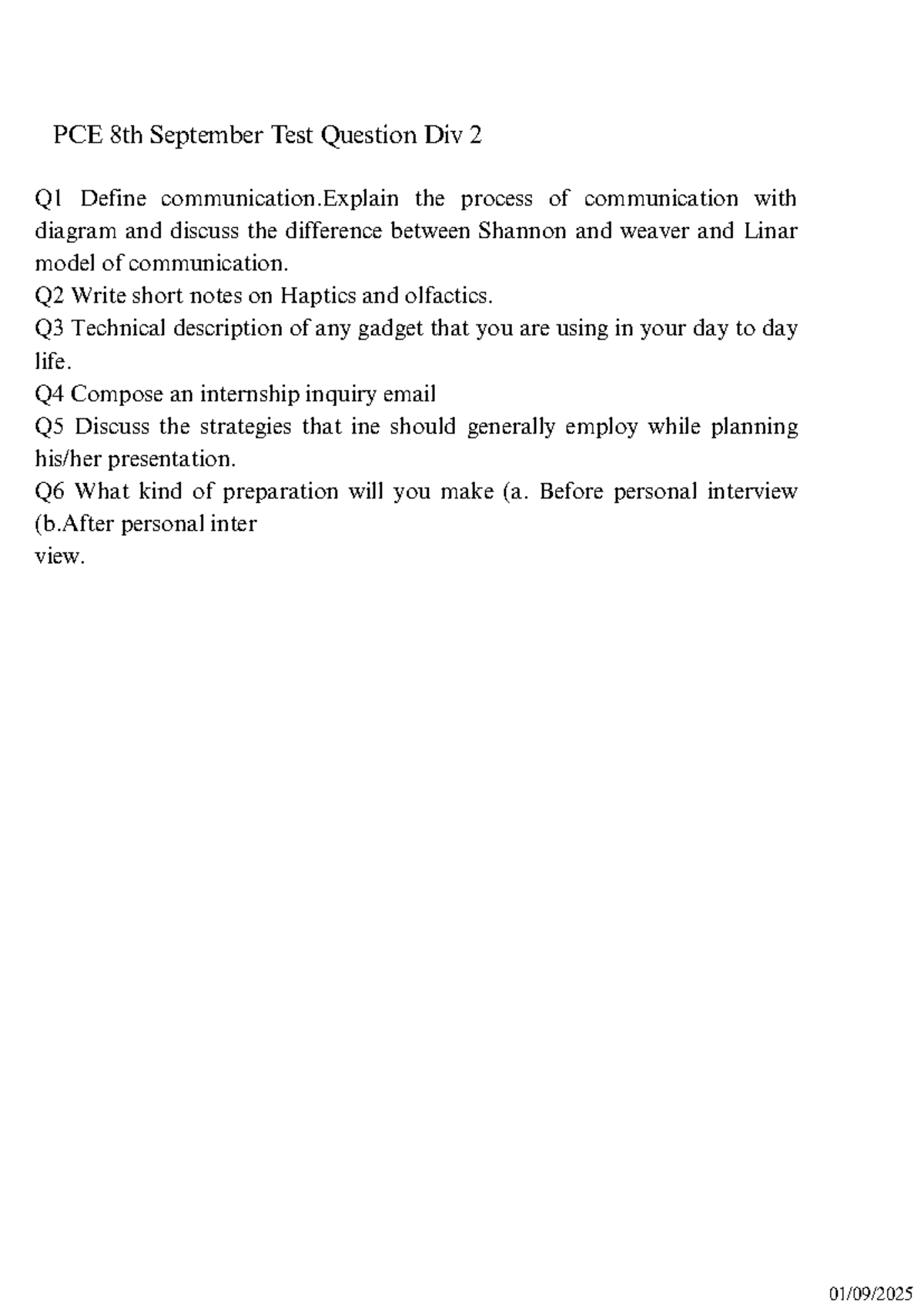 PCE Test questions 8th September - Q1 Define communication the process ...