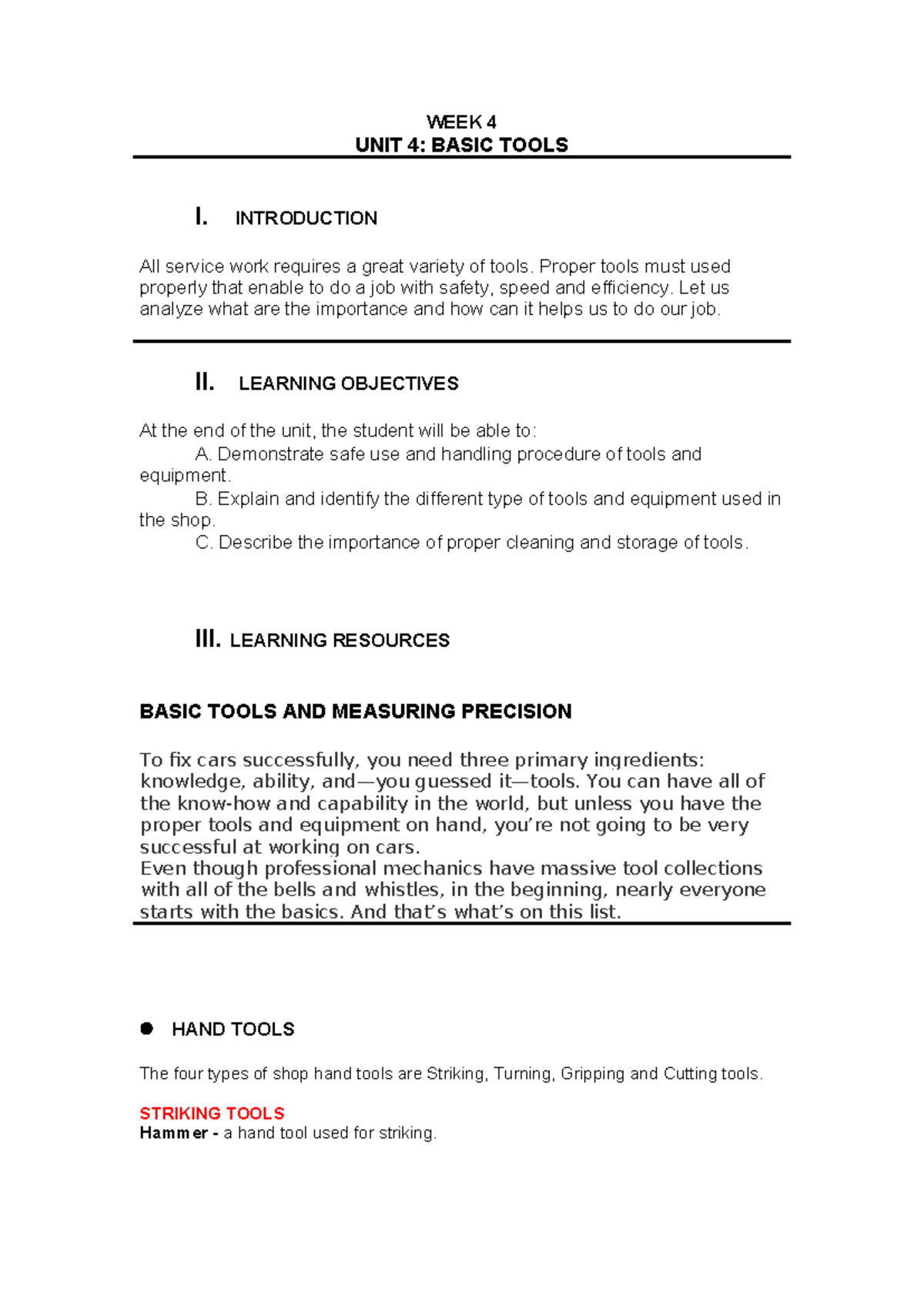 AT-1 Module 4: Basic Tools and Their Safe Usage - Studocu