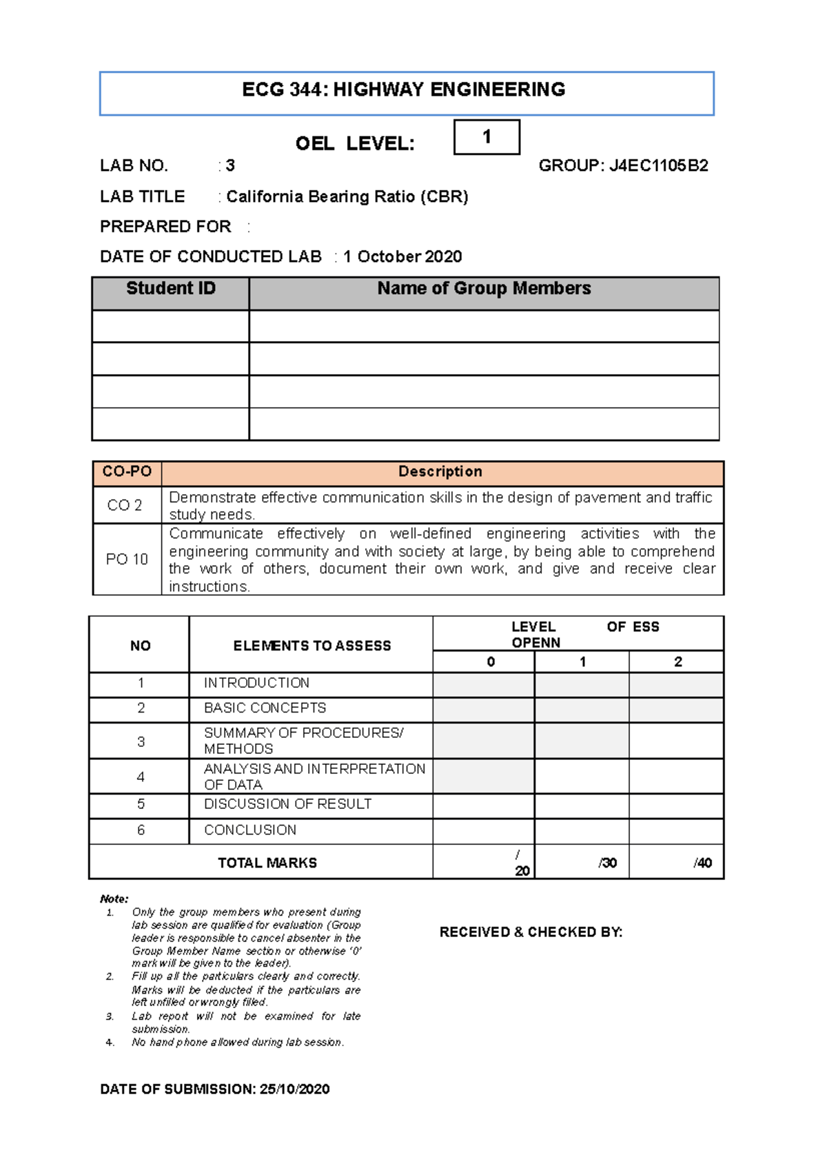 CBR Test Lab Report - ECG 344: Highway Engineering (Lab 3) - Studocu