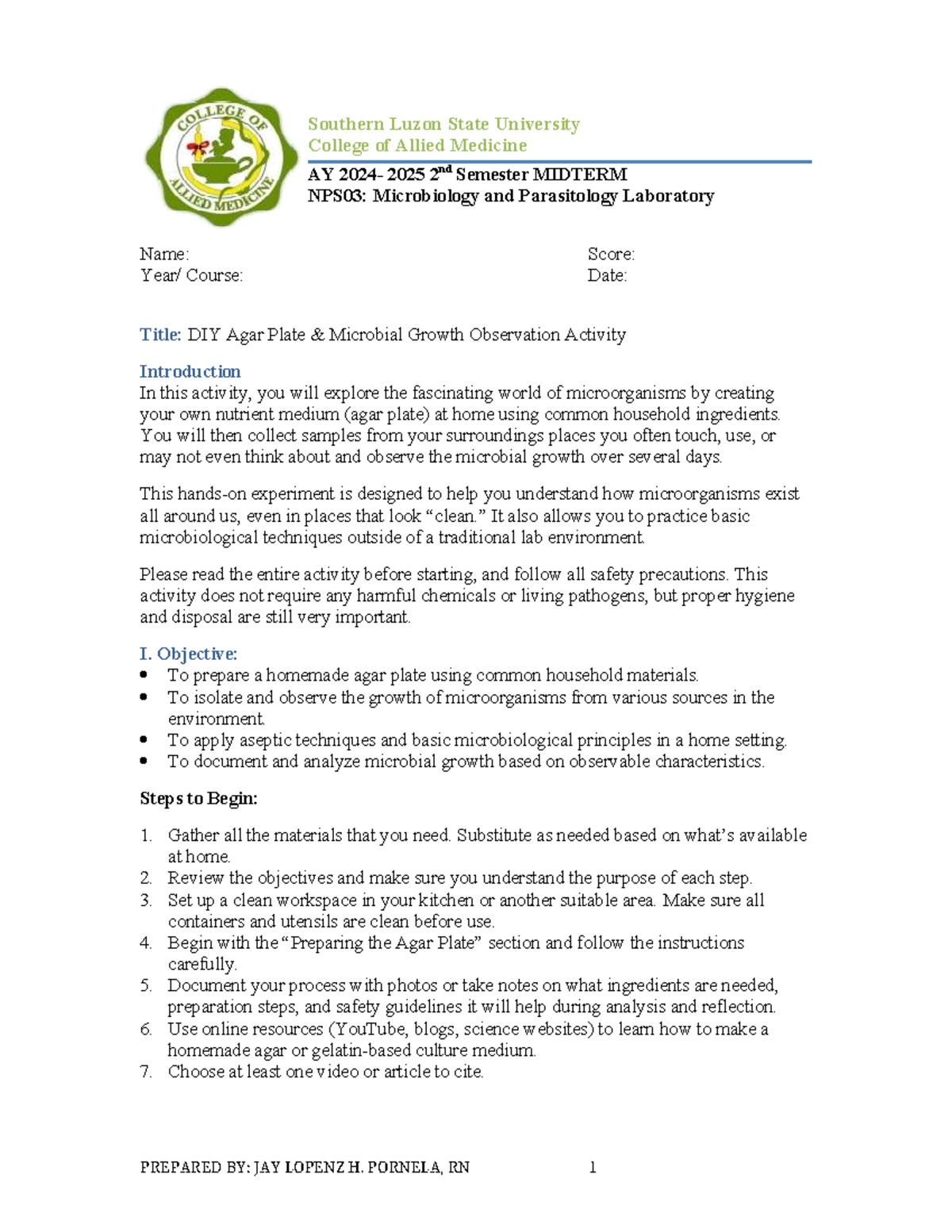 NPS03: DIY Agar Plate Microbial Growth Observation Activity - Studocu