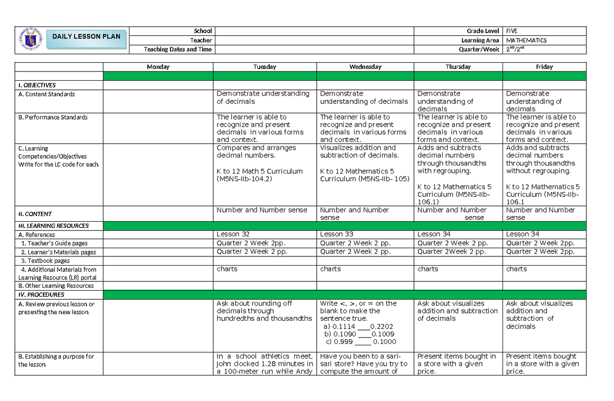 Q2 W2 Math 5 - Detailed Lesson Plan on Decimals - Studocu