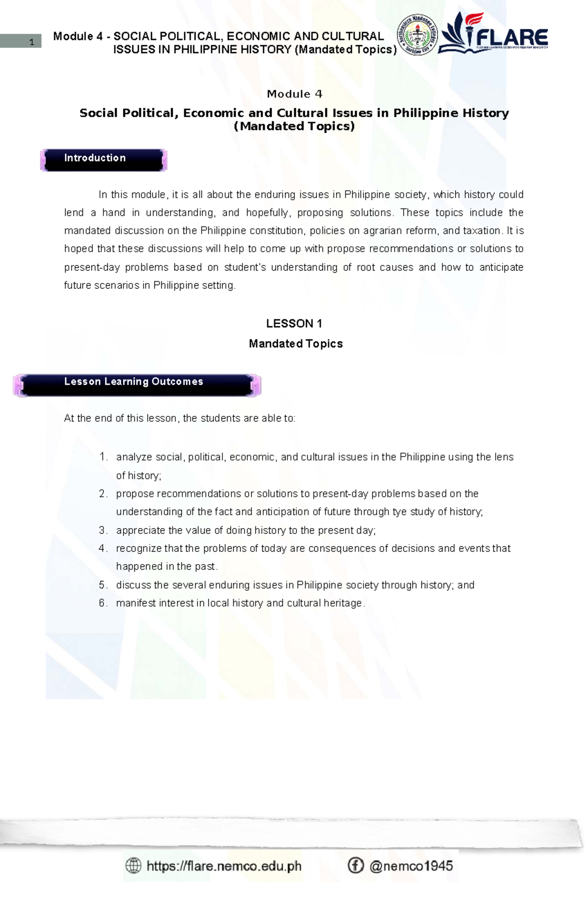 History 100 Module 4: Social, Political, Economic & Cultural Issues in PH - Studocu