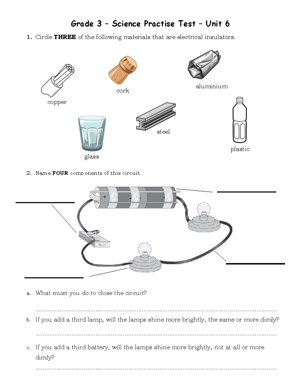 G3 Science Practice Test - Unit 6: Electrical Insulators & Circuits ...