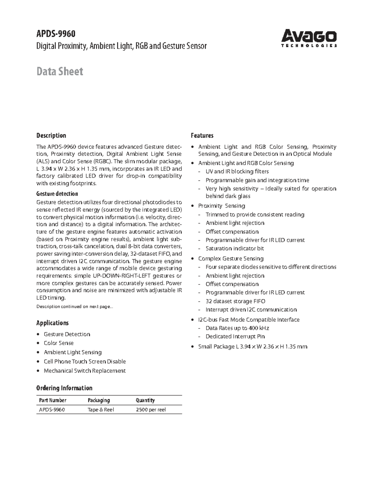 Avago APDS-9960 Sensor Data Sheet: Proximity, Gesture, and ALS Features ...