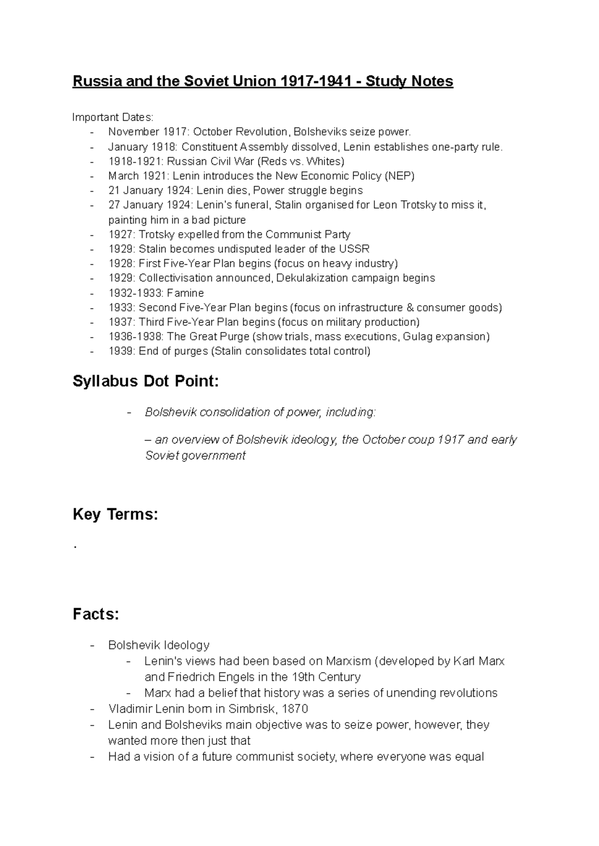Russia and the Soviet Union 1917-1941: Key Study Notes - Studocu
