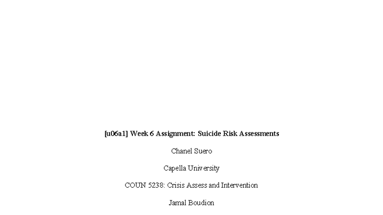 Week 6 Assignment: Suicide Risk Assessments in COUN 5238 - Studocu