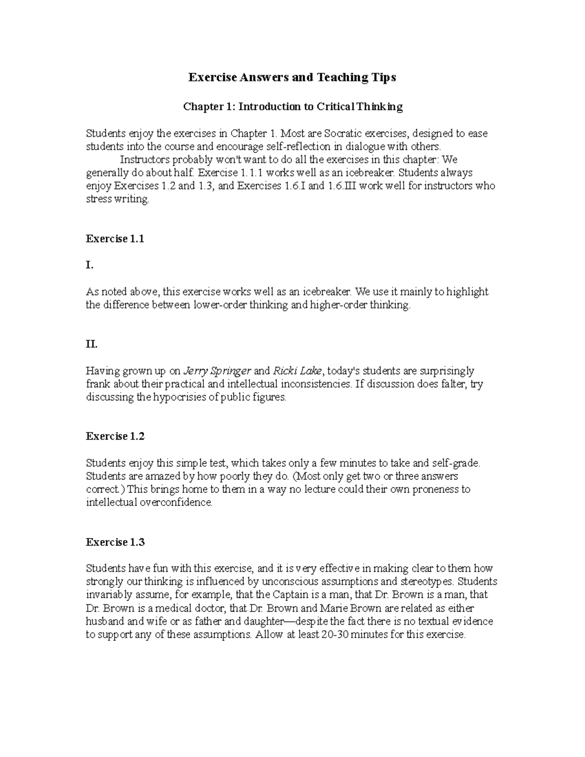 Critical Thinking: Socratic Exercises & Teaching Insights - Studocu