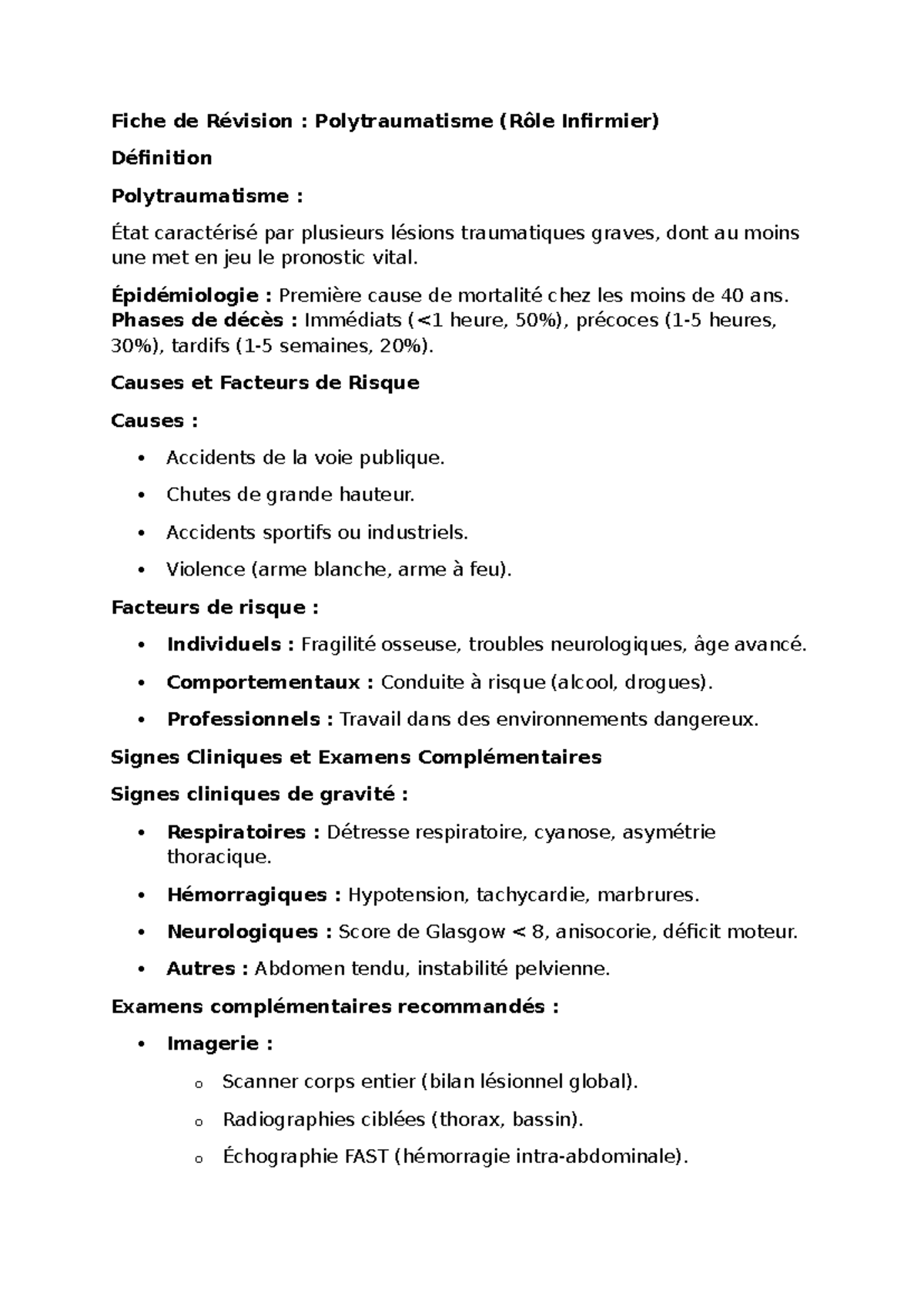 Fiche de Révision : Polytraumatisme et Rôle Infirmier (TRAUMA+) - Studocu