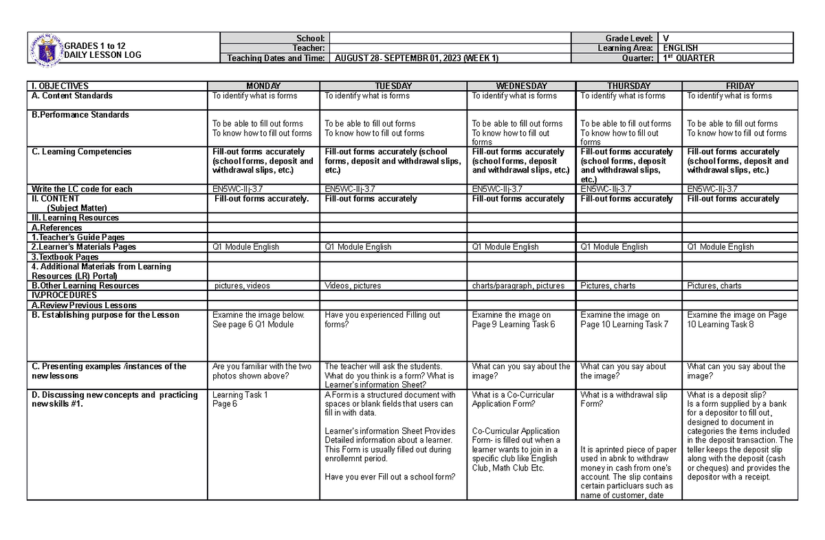Grade 6 English Daily Lesson Log (DLL) - Q1 Week 1 Overview - Studocu