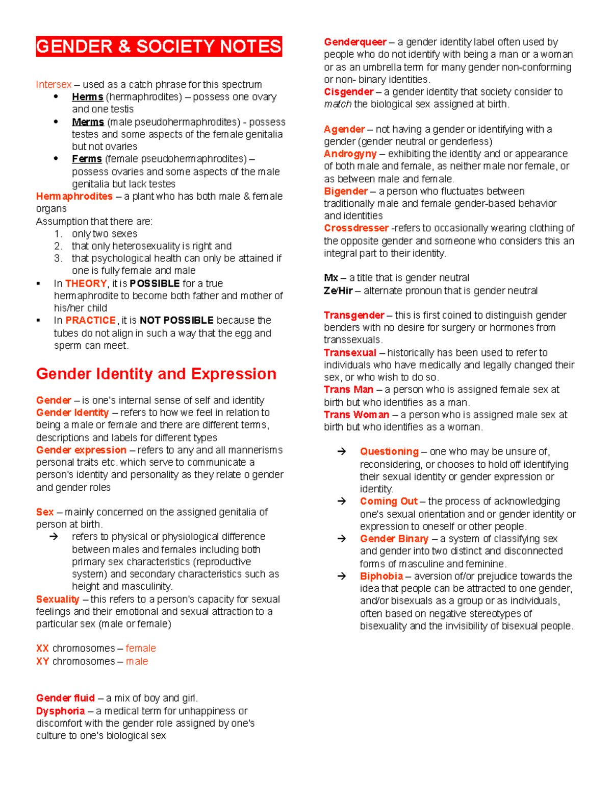 Gender and Society Notes - GENDER & SOCIETY NOTES Intersex – used as a ...
