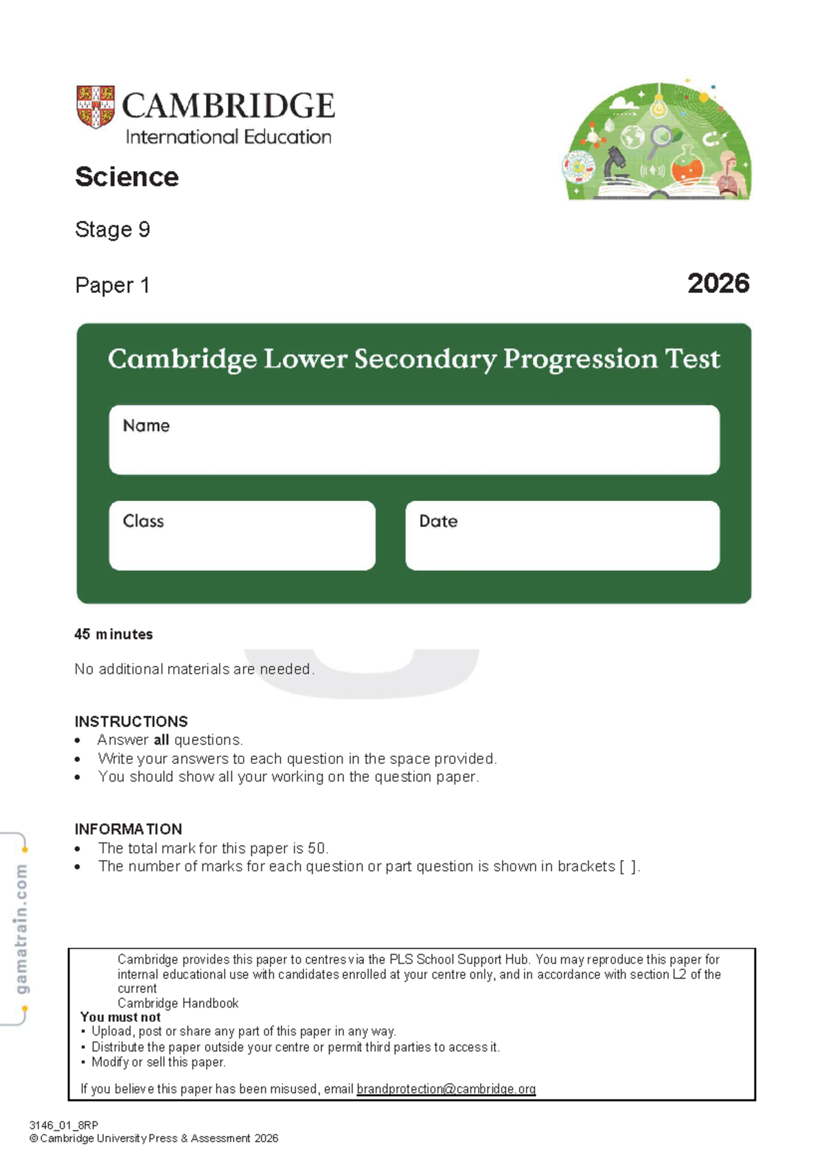 Science Stage 9 Paper 1 - 2026 Assessment (45 min) - Studocu