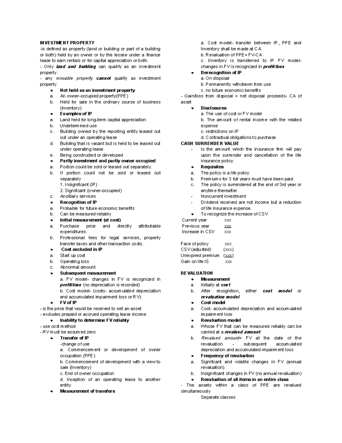 Investment Property and Cash Surrender Value: IA2 Reviewer Notes - Studocu