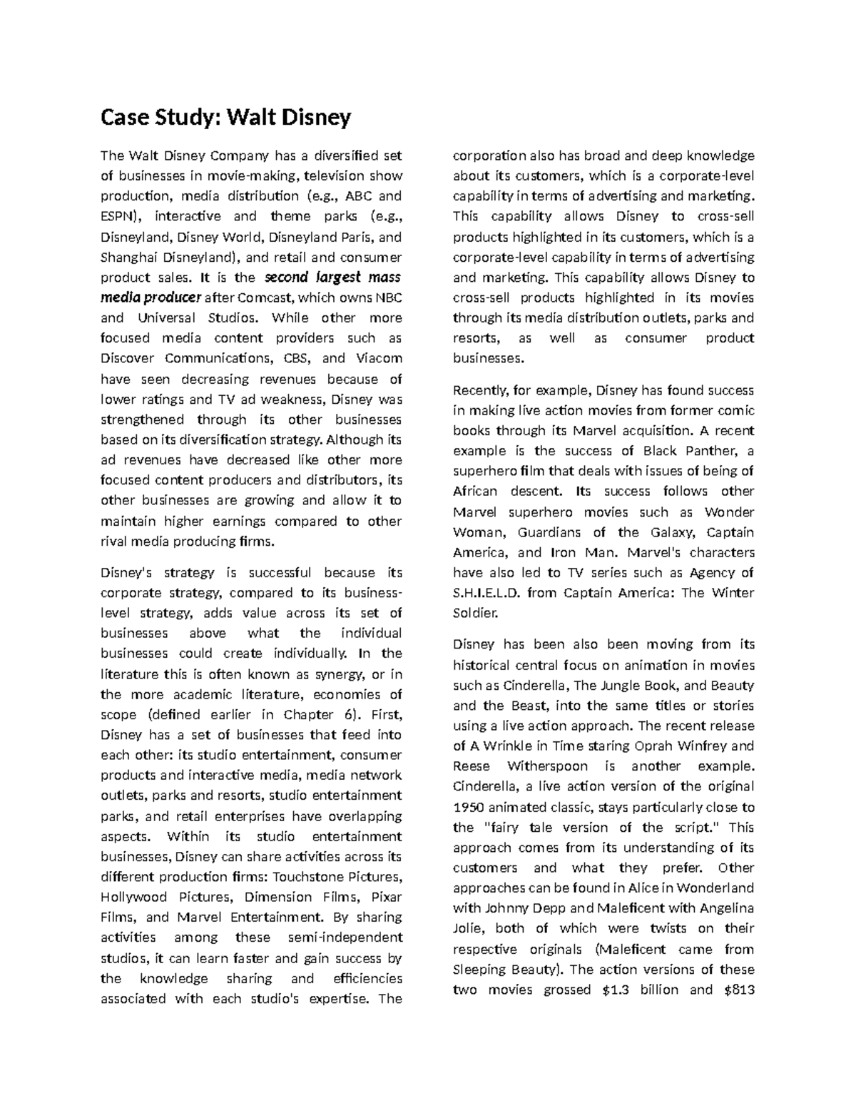 Mini Case Study: Corporate Diversification Strategy of Disney - Studocu