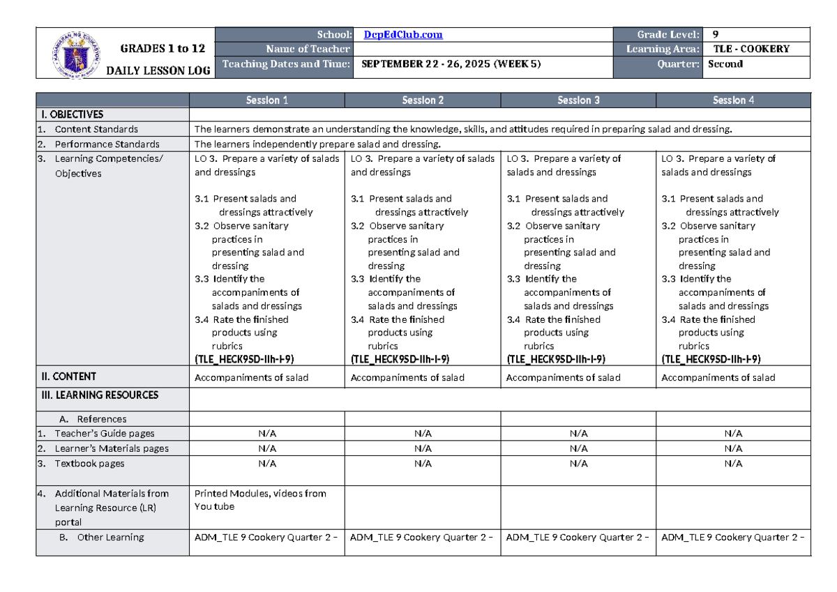 DLL TLE 9 Cookery Quarter 2 Week 5 Lesson Plan - Studocu