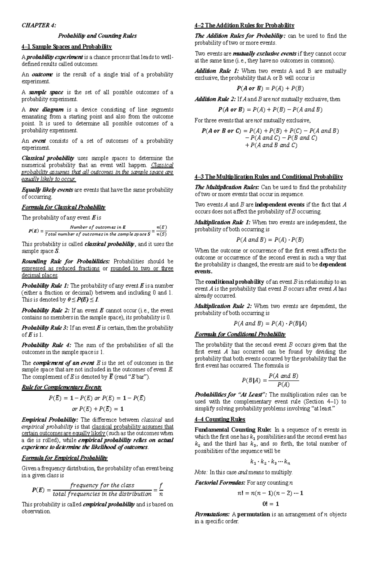 MATH121 (ELEM Stats) Final Exam Review: Probability & Counting Rules ...