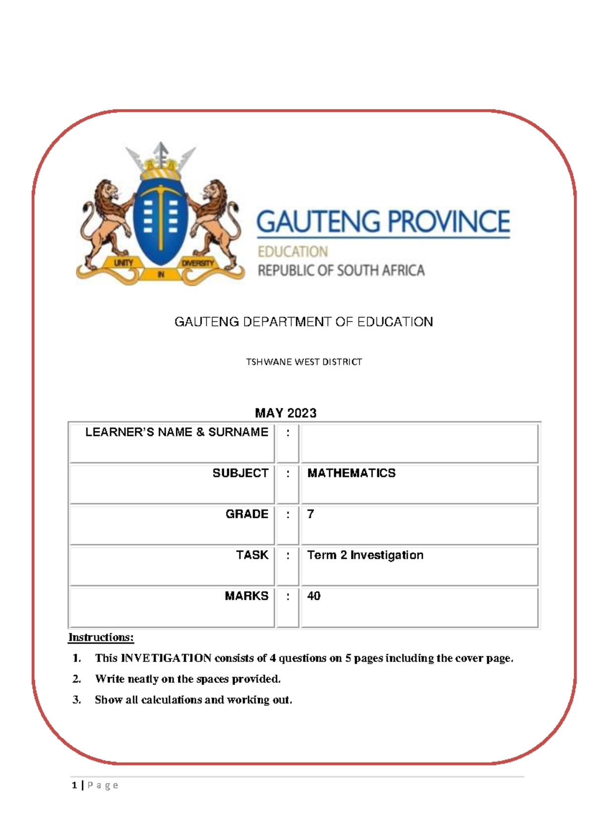 Grade 7 Mathematics Term 2 Investigation 2023 Document - Studocu