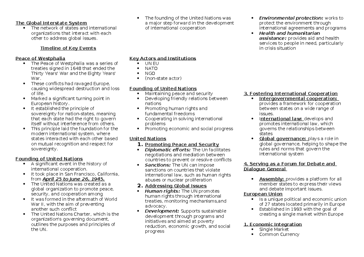 The Global Interstate System - Timeline of Key Events Peace of ...
