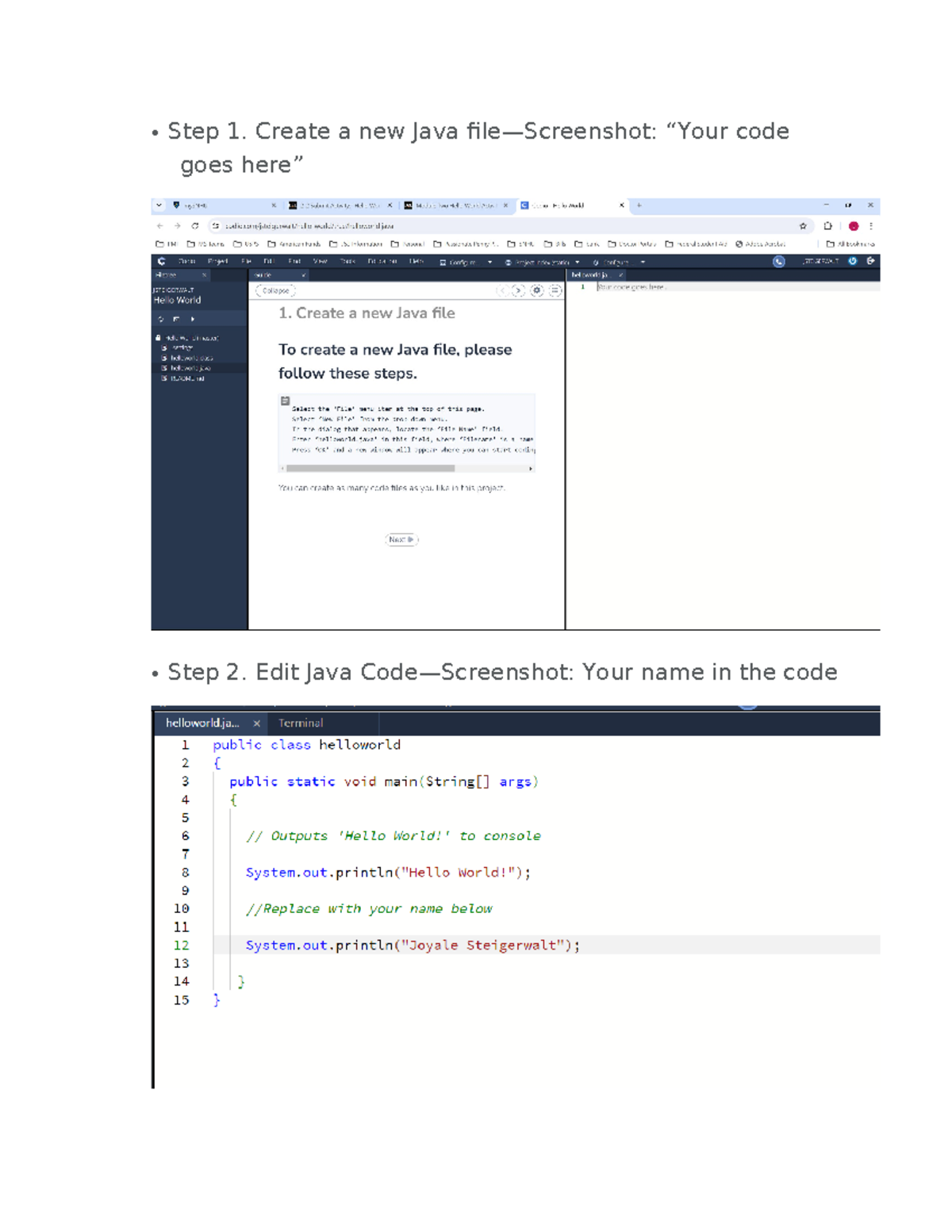 2-2 Hello World - IT260 - Step 1. Create a new Java file—Screenshot ...